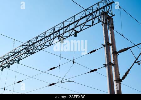 Power electricity wire for trains against sky. Close up of railway ...