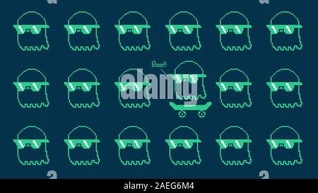 pixel art group of white sheet ghosts isolated background, Illustration ...