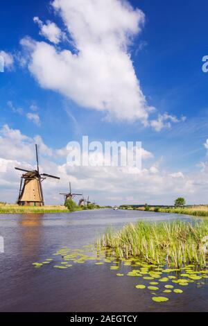 A vertical of reflection of a windmill at Kinderdijk, UNESCO heritage ...