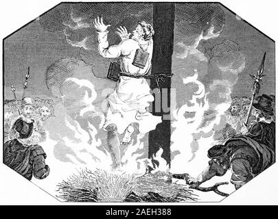 Engraving of a bookseller being burned to death with his Bibles tied ...