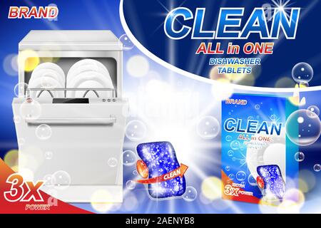 Dish wash soap ads. Realistic dishwashing packaging with detergent gel ...