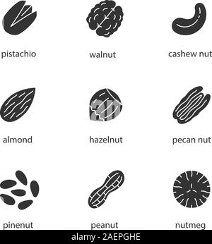 Nuts types glyph icons set. Silhouette symbols. Pinenut, peanut, cashew ...