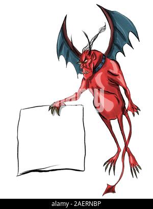 Devil holding a blank sign as a red demon Halloween monster character ...