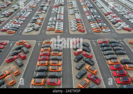 An aerial view of various kinds of cars line up at Panyu Motor Town ...