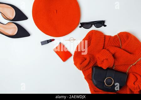 Overhead view of female fashion with accessories Stock Photo - Alamy