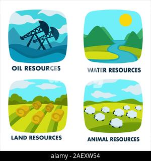 Natural resources set with land and water resources symbols flat ...
