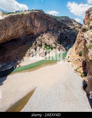 Aerial view of the gorge with prehistoric caves over the the wide and ...