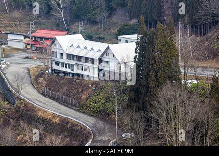 Takayama, Japan aerial view of highway road and car in early spring in ...