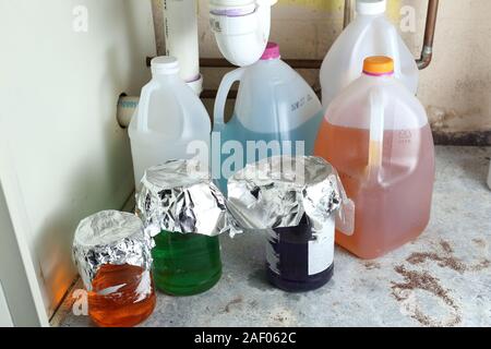 Storage of toxic waste and chemicals in metal barrels on the factory ...