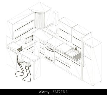 Vector isometric kitchen interior - wireframe illustration Stock Vector ...