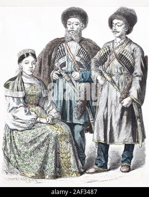 Cossacks in old fashion costumes ride on horseback on water and field ...