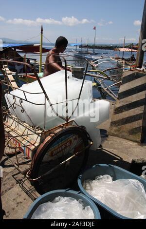 Ice blocks being transported for use of the artisanal Filipino tuna ...