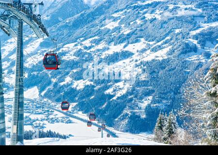 Red Cable cars at Zillertal Arena ski resort Tyrol Austria Stock Photo ...