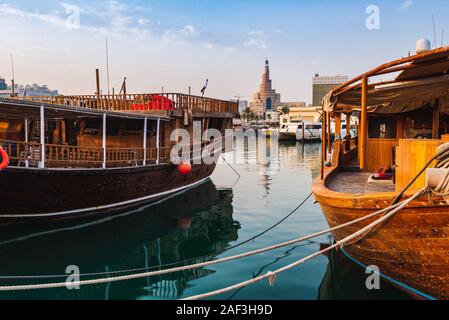 Traditional dhow boat docked in Doha, Qatar Stock Photo - Alamy