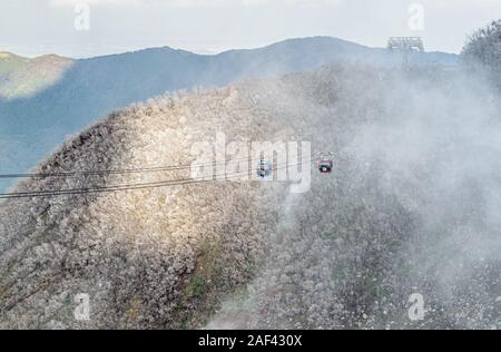 Hakone Ropeway, Japanese cable car travelling across Owakudani Valley ...