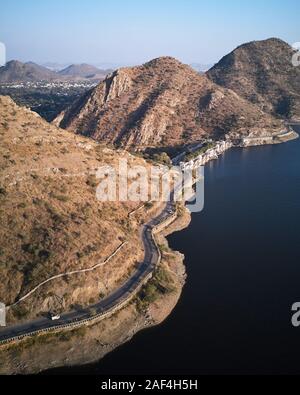 A view of Lake Badi and road connecting to the dam from Bahubali Hills ...