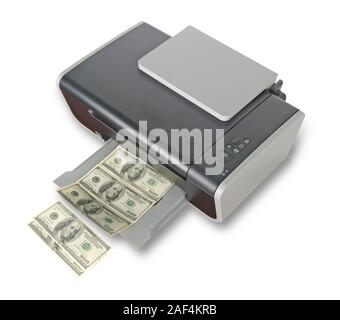 Printer printing fake dollar bills isolated on white background Stock ...