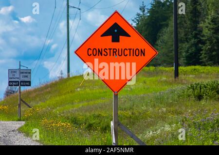 Temporary condition road warning signs on roadside before road work ...