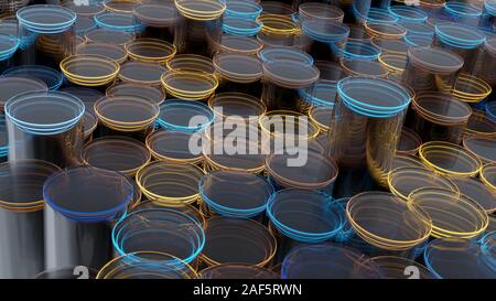 Abstract background of glass cylinders with luminous edges. 3D ...