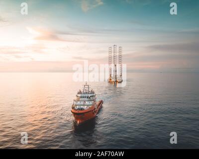 Aerial image during rig move operation in offshore oil field Stock ...