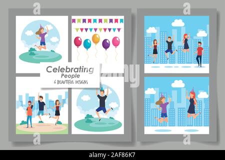 six designs of celebrating people with decoration Stock Vector Image ...
