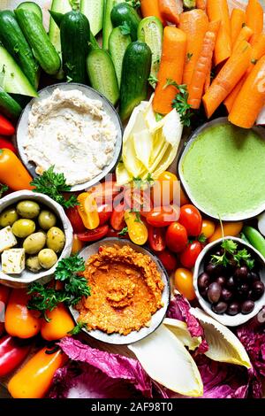 Assorted Raw Vegetable Appetizer Platter with three dips Stock Photo ...