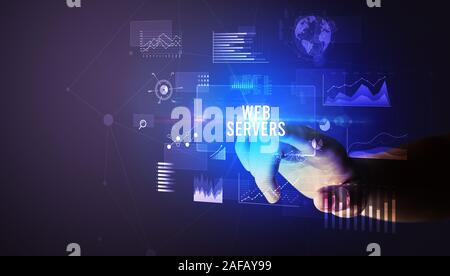 Hand touching WEB SERVERS inscription, new business technology concept ...