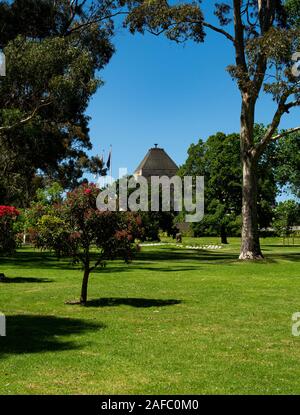 Kings Domain park with view of summit of the Shrine of Remembrance ...