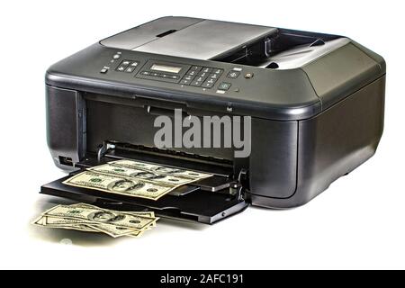 Printer printing fake dollar bills isolated on white background Stock ...