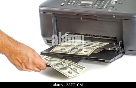 Printer printing fake dollar bills isolated on white background Stock ...
