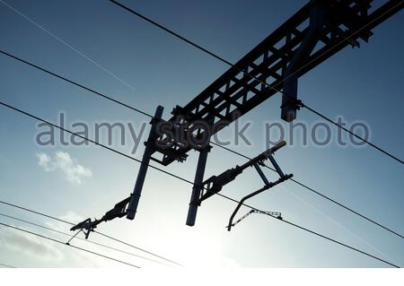 Overhead railway electricity supply wire, cantilever arm and support ...