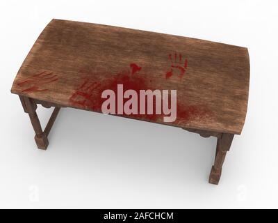 bloody wooden desk on solid background with bloody hand prints 3d ...