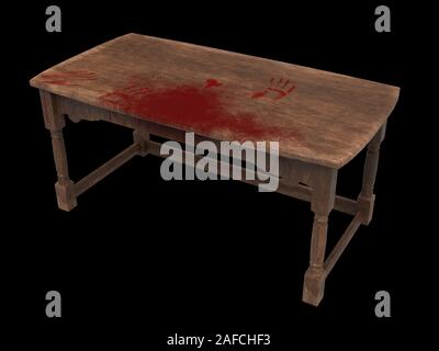 bloody wooden desk on solid background with bloody hand prints 3d ...
