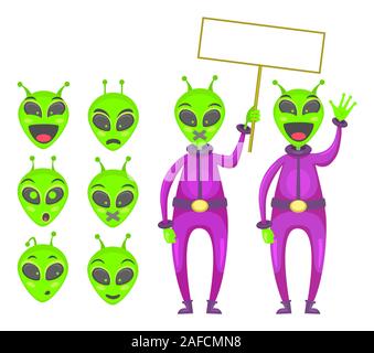 Alien holding blank signs. Aliens standing illustration Stock Photo - Alamy