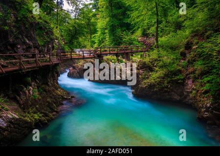 Admirable deep Vintgar gorge with wooden footbridge over the Radova ...