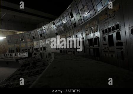 Control room and reactor shut-down switch in Hinkley Point B nuclear power station. Somerset, UK ...