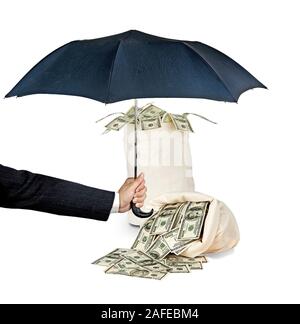 Hand holding umbrella protecting bag of money. Financial safety, income ...