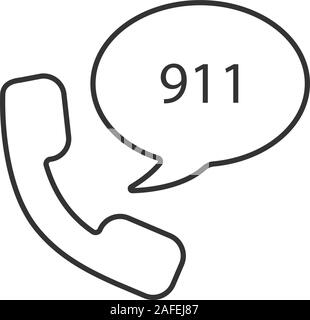 Fire emergency calling linear icon. Hand holding smartphone with flame. Thin line illustration ...