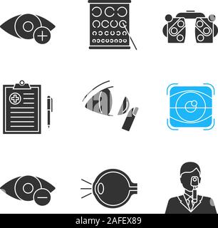 Ophthalmology glyph icons set. Contact lenses box, diaphragm, hyperopia, myopia. Vector white ...