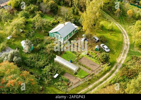 Village view from above, vegetable gardens and gardens in the village ...