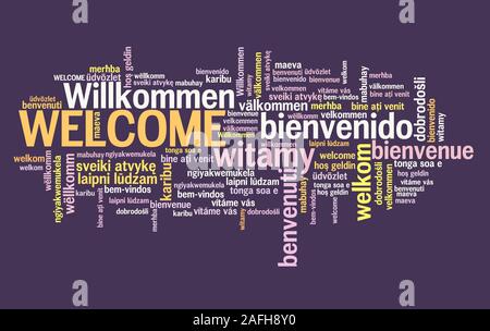 Poster with the word welcome in English and French with red background ...