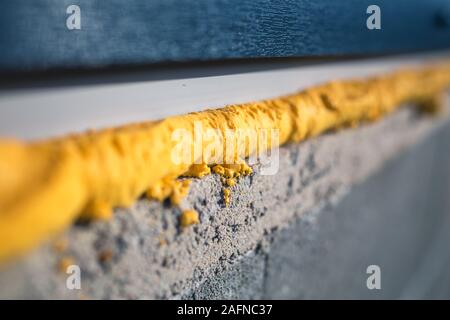 DIY concept. Construction PU - poly urethane foam. The window is ...