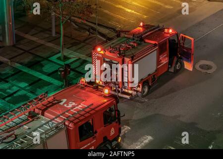 Greek Fire Service tracks during fire. Hellenic Fire Brigade vehicles ...