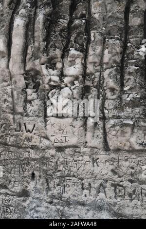 Graffiti and initials, in a heart shape, carved on a felled tree in the ...