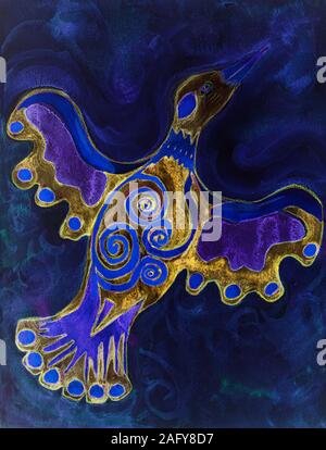 Drawing of spiritual bird flying. The dabbing technique near the edges ...