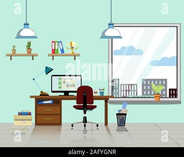 workspace table computer lamp and window isolated design white ...