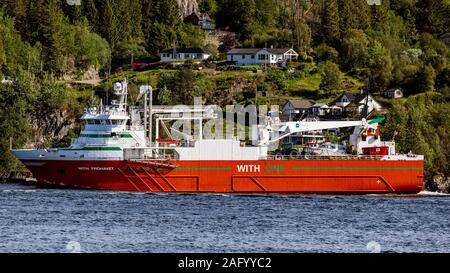Reefer vessel With Frohavet approaching the port of Bergen, Norway ...
