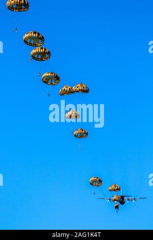 Military parachutist paratroopers jumping out of an air force airplane ...