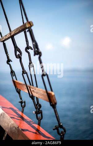 Sailing boat rigging cables, wire, wood Stock Photo - Alamy