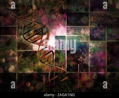 Abstract painting. DNA chain on a modern background. Mondrian style. 3D ...